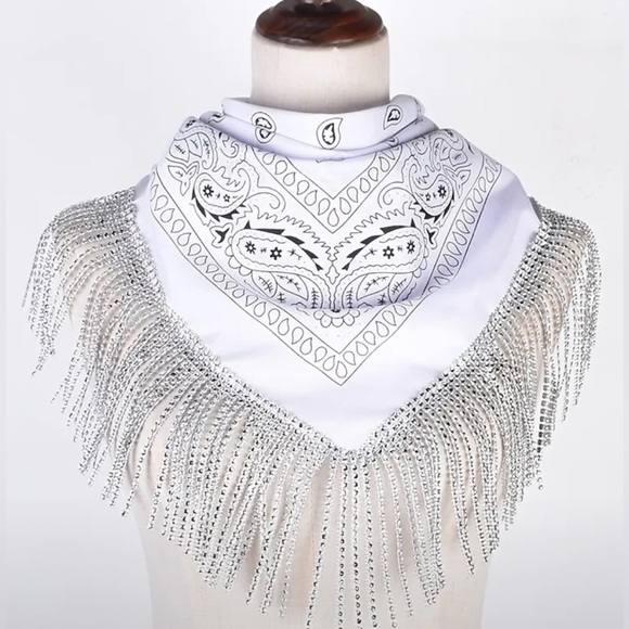 Accessories | New White Rhinestone Fringe Bandana Disco Cowgirl ...